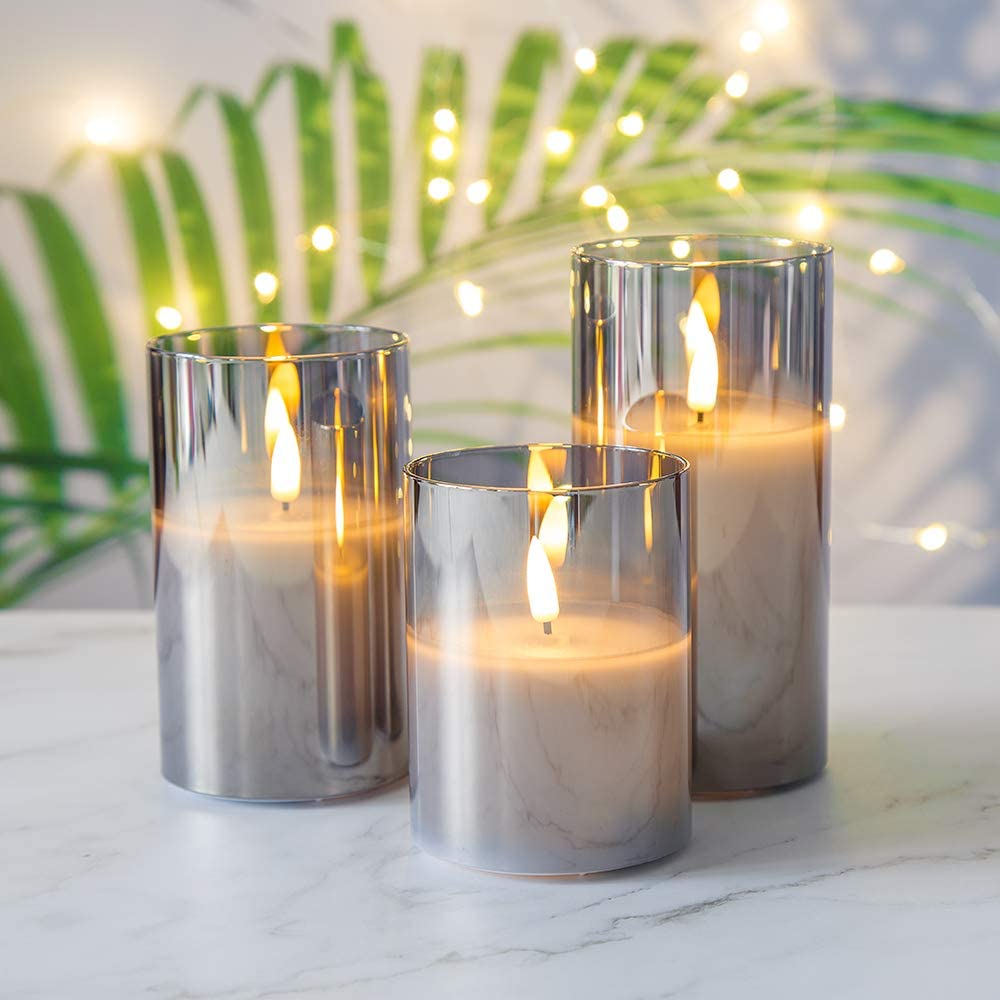 Eywamage Silver Grey Glass Flameless Candles with Remote, Flickering ...