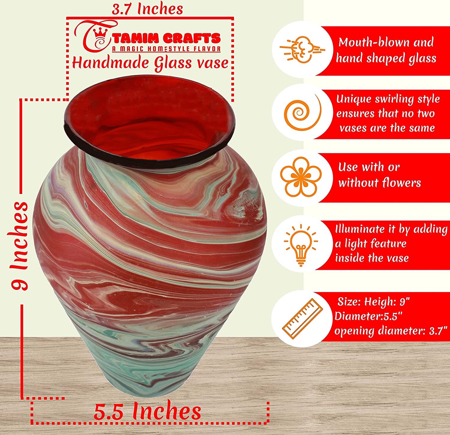 TAMIM CRAFTS Glass Vase – Flower Vases Decorative | Red Vases for Décor ...