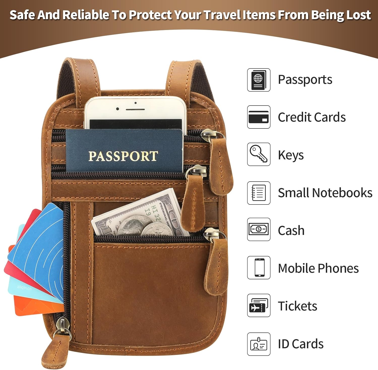 Ringsun Leather Travel Neck Wallet with RFID Blocking – Passport Holder ...